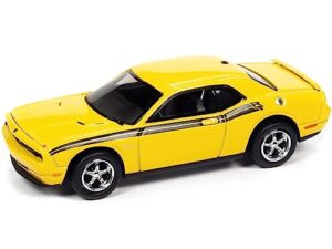 2010 challenger r/t detonator yellow with black stripes and collector tin limited edition to 5036 pieces worldwide 1/64 diecast model car by johnny lightning jlct006-jlsp147a