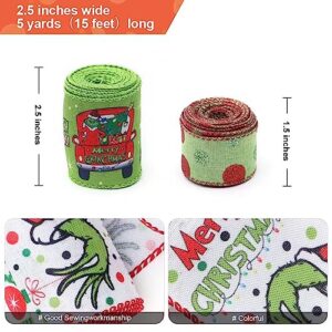 1.5" and 2.5'' Green Cute Merry Grinchmas Wired Ribbon .Glitter Red and Green Polka Dot,Stripe Furry Edge Printed Christmas Wired Ribbon 6 Rolls Total 30 Yards in Length