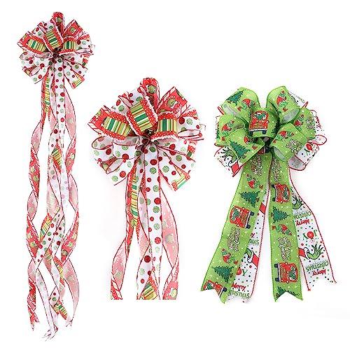 1.5" and 2.5'' Green Cute Merry Grinchmas Wired Ribbon .Glitter Red and Green Polka Dot,Stripe Furry Edge Printed Christmas Wired Ribbon 6 Rolls Total 30 Yards in Length