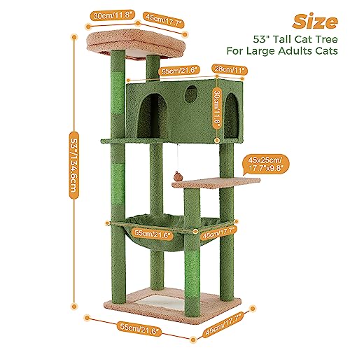 Meow Sir Cactus Cat Tree for Large Cats 53 Inches Multilevel Cat Tower with Large Hammock Super Spacious Condo and Wide Padded Perch Scratching Posts and Pad for Indoor Cats-Large Cactus