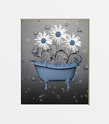 Bathroom Wall Decor, Blue Wall Pictures, Daisy Flower Bubbles Matted Wall Art Picture