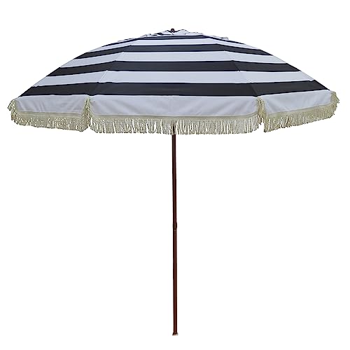 Bayside21 8ft Patio Umbrella with Fringe, 8' Outdoor Tassel Umbrella UPF50+, Push Button Tilt,1.25 inch dia. Steel Pole with Wood Grain Finish and 8 Ribs, Black Wide Stripe Design Umbrella Canopy