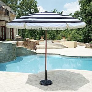 Bayside21 8ft Patio Umbrella with Fringe, 8' Outdoor Tassel Umbrella UPF50+, Push Button Tilt,1.25 inch dia. Steel Pole with Wood Grain Finish and 8 Ribs, Black Wide Stripe Design Umbrella Canopy