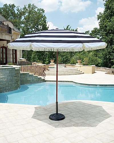 Bayside21 8ft Patio Umbrella with Fringe, 8' Outdoor Tassel Umbrella UPF50+, Push Button Tilt,1.25 inch dia. Steel Pole with Wood Grain Finish and 8 Ribs, Black Wide Stripe Design Umbrella Canopy