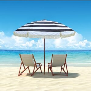 Bayside21 8ft Patio Umbrella with Fringe, 8' Outdoor Tassel Umbrella UPF50+, Push Button Tilt,1.25 inch dia. Steel Pole with Wood Grain Finish and 8 Ribs, Black Wide Stripe Design Umbrella Canopy