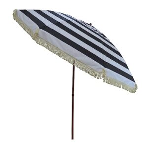 Bayside21 8ft Patio Umbrella with Fringe, 8' Outdoor Tassel Umbrella UPF50+, Push Button Tilt,1.25 inch dia. Steel Pole with Wood Grain Finish and 8 Ribs, Black Wide Stripe Design Umbrella Canopy