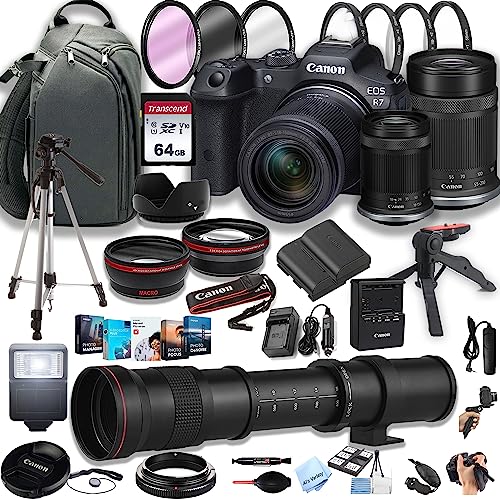 Canon EOS R7 Mirrorless Digital Camera with RF-S 18-150mm f/3.5-6.3 is STM Lens + 55-210mm f/5-7.1 is STM Lens + 420-800mm Super Telephoto Lens + 64GB Memory Cards, Professional Photo Bundle (44pc)