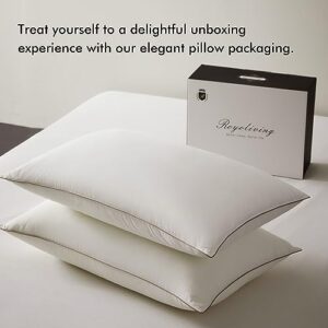 Royoliving 100% Cotton Cover Bed Pillow for Sleeping - Standard Size Set of 2 for Side Back or Stomach for Comfortable Fall Asleep (26"×20", White)