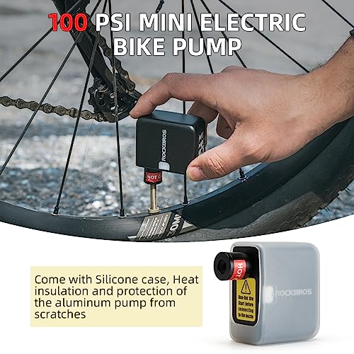 ROCKBROS Mini Electric Tire Pump Portable Bike Pump 100PSI Bike Tire Inflator 300mAh Air Pump with Presta and Schrader Valve Aluminium Bicycle Pumps for MTB Road Mountain Bikes