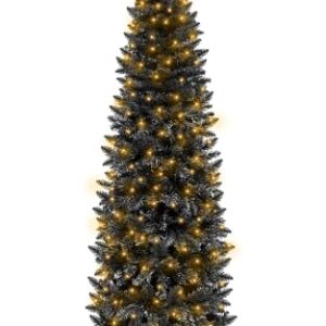 6 Ft Prelit Black Halloween Christmas Tree, 240 LED Warm Lights, 658 Thick Branch Tips, Fire-Resistant, UL Plug, Metal Stand, Hinged Pencil Xmas Tree Christmas Decorations Home Indoor Outdoor