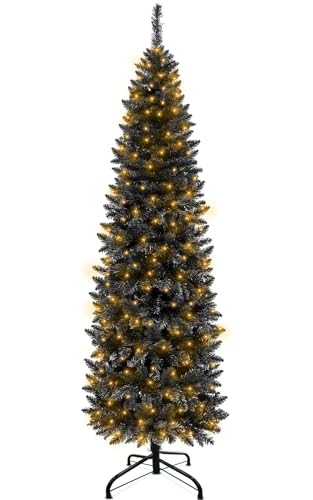 6 Ft Prelit Black Halloween Christmas Tree, 240 LED Warm Lights, 658 Thick Branch Tips, Fire-Resistant, UL Plug, Metal Stand, Hinged Pencil Xmas Tree Christmas Decorations Home Indoor Outdoor