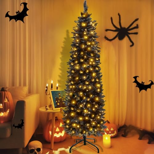 6 Ft Prelit Black Halloween Christmas Tree, 240 LED Warm Lights, 658 Thick Branch Tips, Fire-Resistant, UL Plug, Metal Stand, Hinged Pencil Xmas Tree Christmas Decorations Home Indoor Outdoor