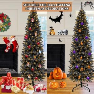 6 Ft Prelit Black Halloween Christmas Tree, 240 LED Warm Lights, 658 Thick Branch Tips, Fire-Resistant, UL Plug, Metal Stand, Hinged Pencil Xmas Tree Christmas Decorations Home Indoor Outdoor