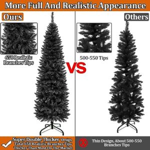 6 Ft Prelit Black Halloween Christmas Tree, 240 LED Warm Lights, 658 Thick Branch Tips, Fire-Resistant, UL Plug, Metal Stand, Hinged Pencil Xmas Tree Christmas Decorations Home Indoor Outdoor