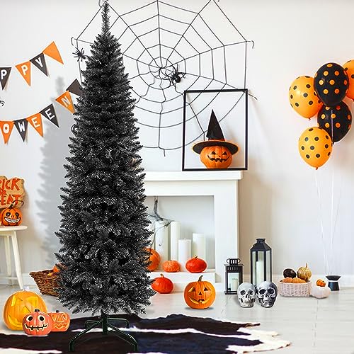 6 Ft Prelit Black Halloween Christmas Tree, 240 LED Warm Lights, 658 Thick Branch Tips, Fire-Resistant, UL Plug, Metal Stand, Hinged Pencil Xmas Tree Christmas Decorations Home Indoor Outdoor