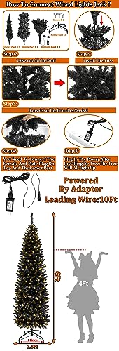 6 Ft Prelit Black Halloween Christmas Tree, 240 LED Warm Lights, 658 Thick Branch Tips, Fire-Resistant, UL Plug, Metal Stand, Hinged Pencil Xmas Tree Christmas Decorations Home Indoor Outdoor