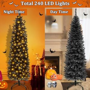 6 Ft Prelit Black Halloween Christmas Tree, 240 LED Warm Lights, 658 Thick Branch Tips, Fire-Resistant, UL Plug, Metal Stand, Hinged Pencil Xmas Tree Christmas Decorations Home Indoor Outdoor