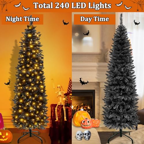 6 Ft Prelit Black Halloween Christmas Tree, 240 LED Warm Lights, 658 Thick Branch Tips, Fire-Resistant, UL Plug, Metal Stand, Hinged Pencil Xmas Tree Christmas Decorations Home Indoor Outdoor