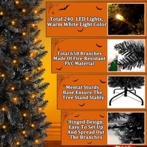 6 Ft Prelit Black Halloween Christmas Tree, 240 LED Warm Lights, 658 Thick Branch Tips, Fire-Resistant, UL Plug, Metal Stand, Hinged Pencil Xmas Tree Christmas Decorations Home Indoor Outdoor