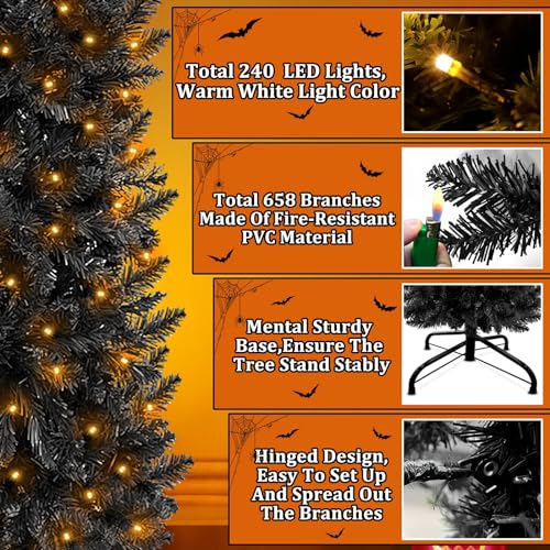 6 Ft Prelit Black Halloween Christmas Tree, 240 LED Warm Lights, 658 Thick Branch Tips, Fire-Resistant, UL Plug, Metal Stand, Hinged Pencil Xmas Tree Christmas Decorations Home Indoor Outdoor