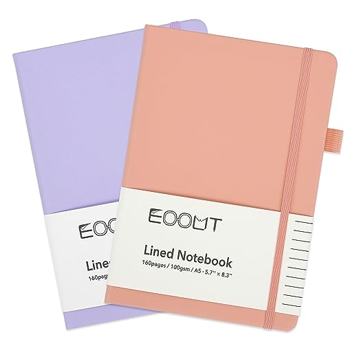 EOOUT Lined Journal Notebook for Women, 2 Pack, 5.7 x 8.3 Inches, Cute Aesthetic College Ruled, Leather Hardcover Notebook, 160 Pages, Back Pocket, Office School Supplies Gifts, Blush, Lavender