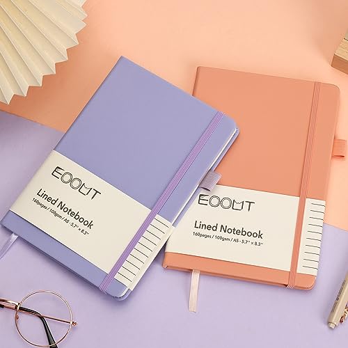 EOOUT Lined Journal Notebook for Women, 2 Pack, 5.7 x 8.3 Inches, Cute Aesthetic College Ruled, Leather Hardcover Notebook, 160 Pages, Back Pocket, Office School Supplies Gifts, Blush, Lavender