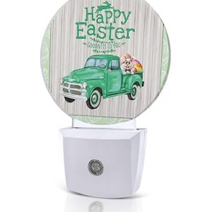 Night Light Plug into Wall, LED Nightlights Easter Green Truck with Eggs and Bunny Wood Grain Small Nightlight Auto Dusk-to-Dawn Sensor Lamp LED Night Lights for Kid's Bedroom, Bathroom