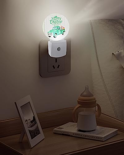 Night Light Plug into Wall, LED Nightlights Easter Green Truck with Eggs and Bunny Wood Grain Small Nightlight Auto Dusk-to-Dawn Sensor Lamp LED Night Lights for Kid's Bedroom, Bathroom