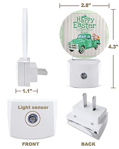 Night Light Plug into Wall, LED Nightlights Easter Green Truck with Eggs and Bunny Wood Grain Small Nightlight Auto Dusk-to-Dawn Sensor Lamp LED Night Lights for Kid's Bedroom, Bathroom