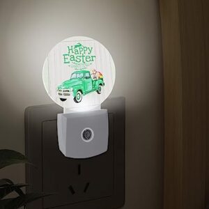 Night Light Plug into Wall, LED Nightlights Easter Green Truck with Eggs and Bunny Wood Grain Small Nightlight Auto Dusk-to-Dawn Sensor Lamp LED Night Lights for Kid's Bedroom, Bathroom