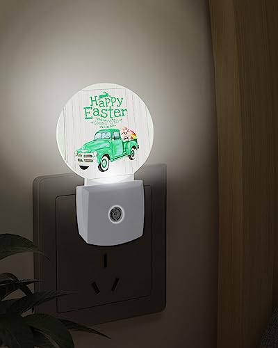 Night Light Plug into Wall, LED Nightlights Easter Green Truck with Eggs and Bunny Wood Grain Small Nightlight Auto Dusk-to-Dawn Sensor Lamp LED Night Lights for Kid's Bedroom, Bathroom