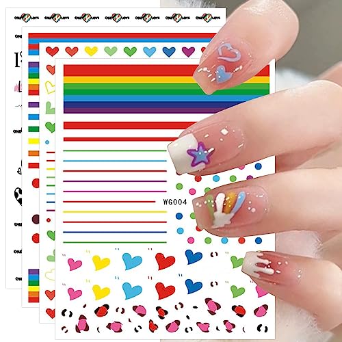 JMEOWIO 6 Sheets Rainbow Nail Art Stickers Decals Self-Adhesive Pegatinas Uñas Pride Day Nail Supplies Nail Art Design Decoration Accessories