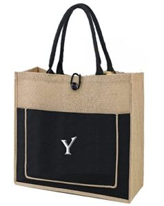 globyz jute bag with black canvas pocket and button closer burlap tote bag with initial tote present for birthday and holiday (y, small (12h*14l*5w))