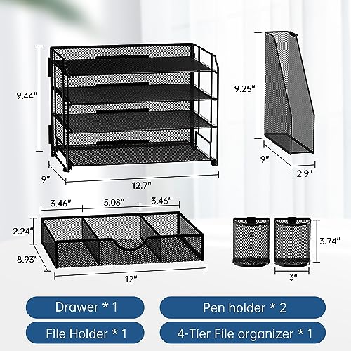 4 Trays Letter Tray Paper Organizer, Mesh Desk File Organizer with File Holder, Paper Sorter with 1 Extra Drawer & 2 Pen Holders, Desk Organizers and Accessories for Office Supplies, Black