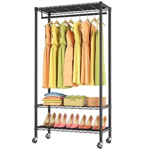 golpart rolling clothes rack portable garment racks for hanging clothes, freestanding clothing racks closet with adjustable shelve & wheel, heavy duty metal wardrobe bedroom laundry-room, black