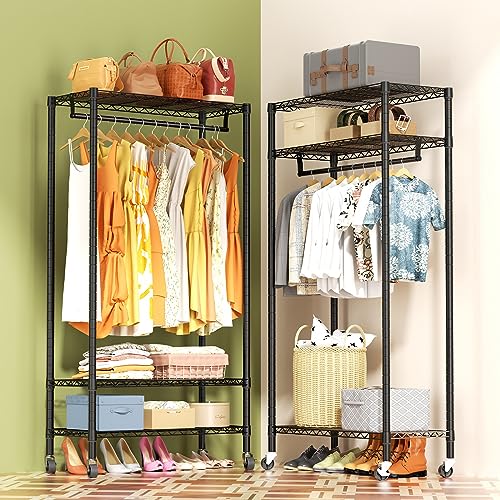 Golpart Rolling Clothes Rack Portable Garment Racks for Hanging Clothes, Freestanding Clothing Racks Closet with Adjustable Shelve & Wheel, Heavy Duty Metal Wardrobe Bedroom Laundry-room, Black