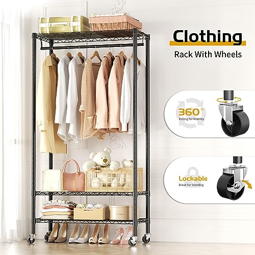 Golpart Rolling Clothes Rack Portable Garment Racks for Hanging Clothes, Freestanding Clothing Racks Closet with Adjustable Shelve & Wheel, Heavy Duty Metal Wardrobe Bedroom Laundry-room, Black