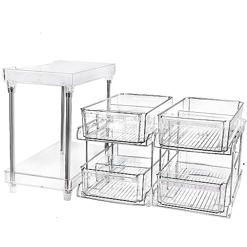 Pomeat 3 Set 2 Tier Clear Bathroom Cabinet Organizer with Dividers, Pull Out Bathroom Organizer Under Sink Organizers and Storage, Multi-Purpose for Kitchen Pantry Medicine Cabinet Organizer