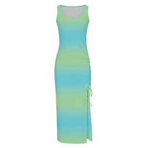 Women Casual Dresses for Summer Cute Floral Print Bodycon Womens Dresses Summer Casual Sexy Sleeveless High Waist Ribbed Drawstring Ruched High Slit Sun Dresses Women Summer Casual Sexy Plus Size Mint Green XL