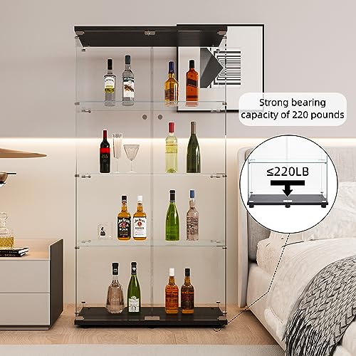 Display Cabinet with Glass Door and Lock, 4-Shelf Fast Installation in 30 Mins Curio Cabinets with 5mm Tempered Glass Floor Standing Bookshelf for Kitchen,Living Room(Black, 64" H x 32" L x 14" W)