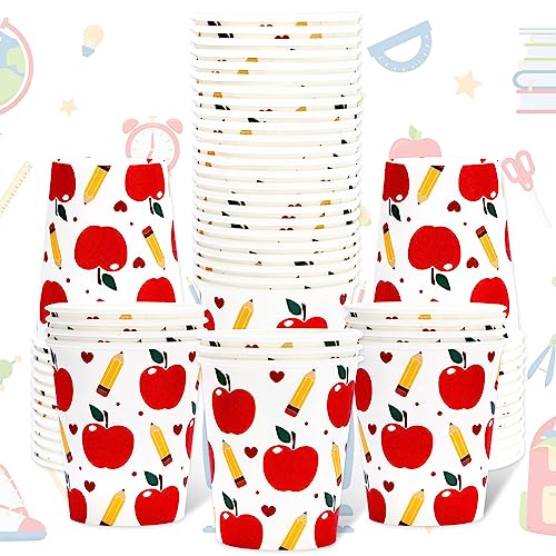 Whaline 50 Pcs Back to School Party Paper Cups 9 oz Pencil Apple Paper Cups Welcome School Coffee Tea Cups Disposable Drinking Cups Small Snack Cups for First Day of School Party Supplies