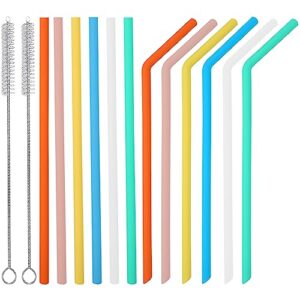 12 pack reusable replacement straws for stanley cup 40 oz tumbler, silicone 12 inch extra long drinking straw with cleaning brush, flexible color bent & straight straws for stanley h2.0 with handle