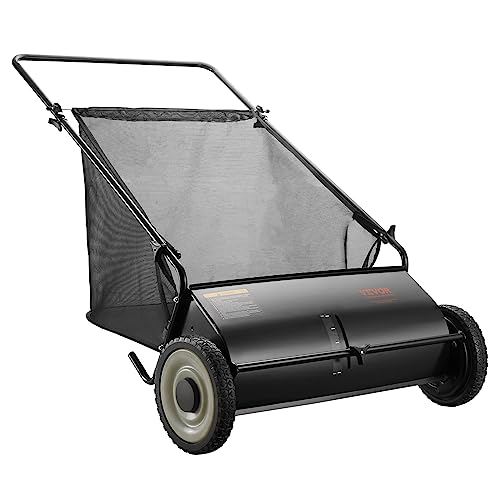 VEVOR Push Lawn Sweeper, 26 Inch Leaf & Grass Collector, Strong Rubber Wheels & Heavy Duty Thickened Steel Durable to Use with Large Capacity 7 ft³ Mesh Collection Bag, 4 Spinning Brushes