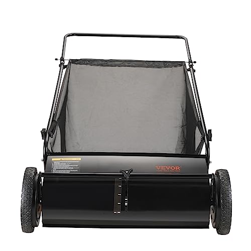 VEVOR Push Lawn Sweeper, 26 Inch Leaf & Grass Collector, Strong Rubber Wheels & Heavy Duty Thickened Steel Durable to Use with Large Capacity 7 ft³ Mesh Collection Bag, 4 Spinning Brushes