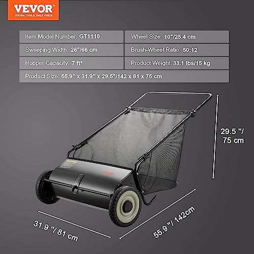 VEVOR Push Lawn Sweeper, 26 Inch Leaf & Grass Collector, Strong Rubber Wheels & Heavy Duty Thickened Steel Durable to Use with Large Capacity 7 ft³ Mesh Collection Bag, 4 Spinning Brushes