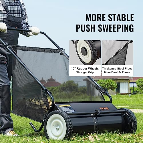 VEVOR Push Lawn Sweeper, 26 Inch Leaf & Grass Collector, Strong Rubber Wheels & Heavy Duty Thickened Steel Durable to Use with Large Capacity 7 ft³ Mesh Collection Bag, 4 Spinning Brushes