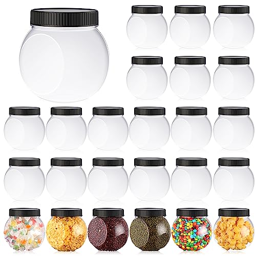 Tradder 24 Pack Plastic Candy Jars with Lids 19 oz Clear Cookie Jar Container Wide Mouth Candy Storage Jars for Candy Cookie Coffee Bean Nut Spices Canister Party Sweet Candy Gift Wrap Table