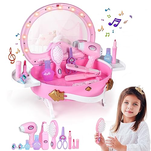 Little Princess Toddler Vanity Set, Portable Makeup Kits with Lights and Music & Real Mirror & Multiple Accessories, Best Birthday Christmas Festival Gift for Girls 3-7 Year Old Toddlers 1-3