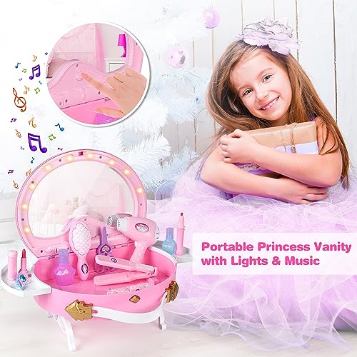 Little Princess Toddler Vanity Set, Portable Makeup Kits with Lights and Music & Real Mirror & Multiple Accessories, Best Birthday Christmas Festival Gift for Girls 3-7 Year Old Toddlers 1-3