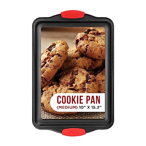 Nonstick Cookie Sheet Pan Carbon Steel Oven Tray Sheet Pan with Red Silicone Handles -Medium Bakeware Pan Tray with Gray Coating Inside & Outside